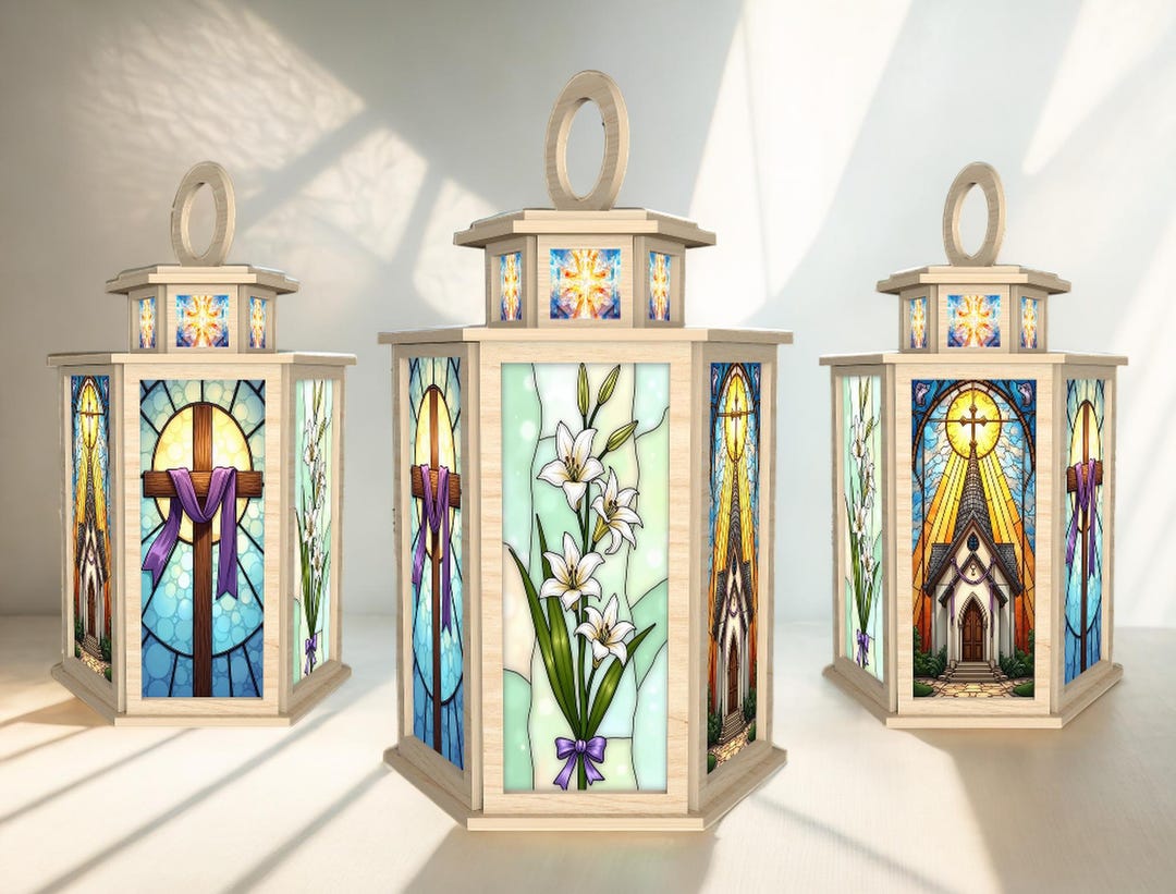Easter Lantern With Stained Glass Lily and Cross, Church Light Box ...