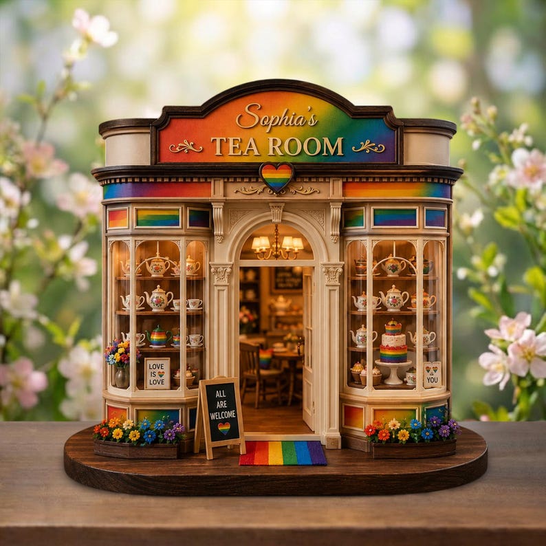 2D Flat, Personalized Rainbow Tea Room Decor, LGBTQ Cafe Shelf Display ...