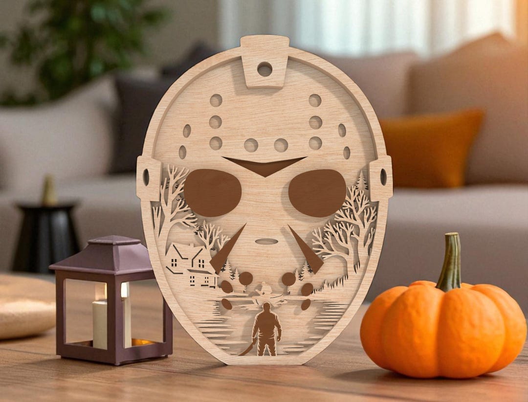 Halloween Tabletop Horror Mask Display | Layered Wooden Mask Scene With ...
