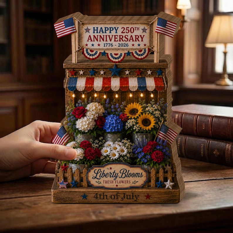 2D Flat, Patriotic Flower Stand Decor, Americana Shelf Sitter, 4th of ...