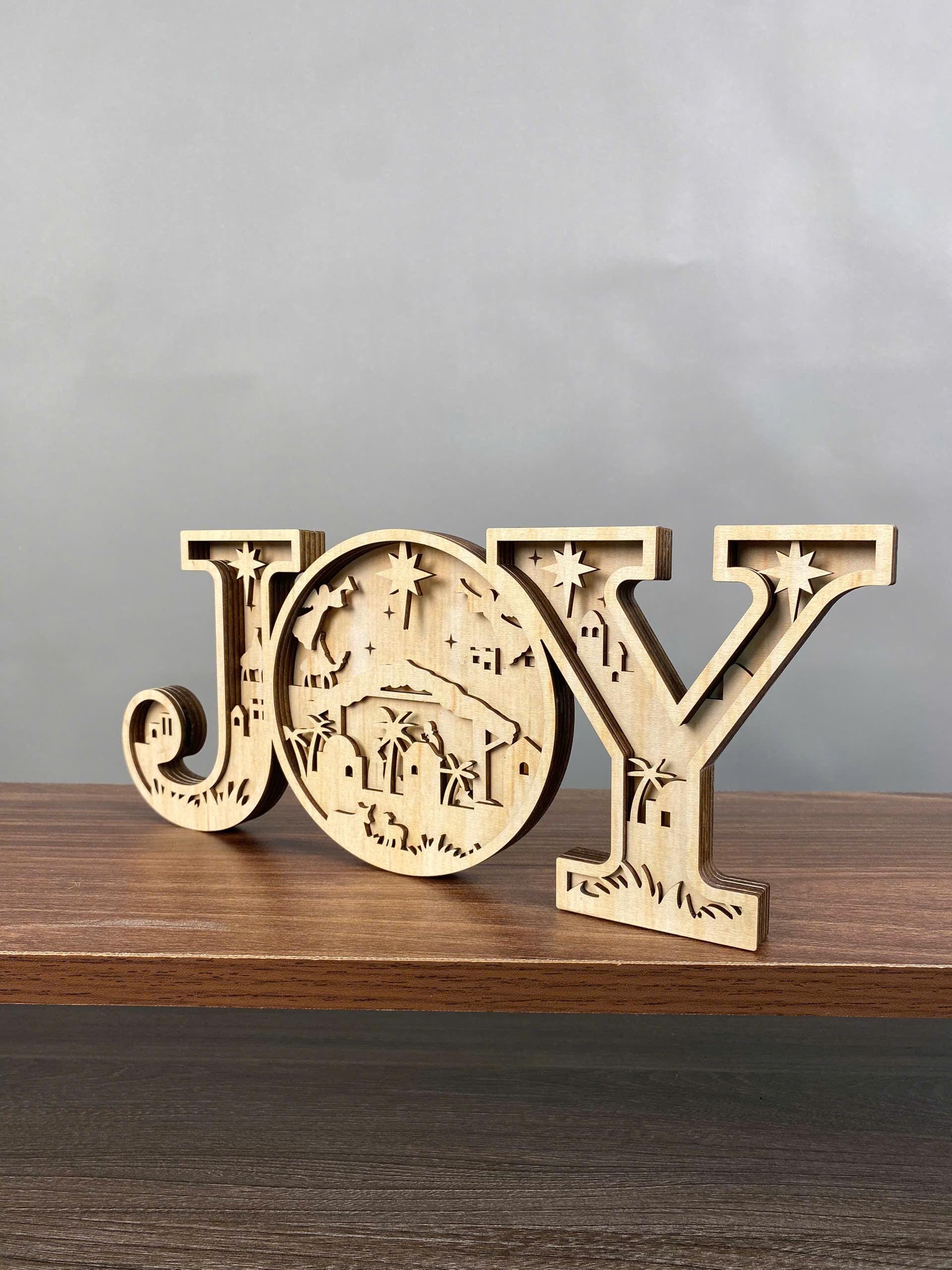 3D Carved Wooden JOY Letter Ornaments, JOY Nativity Christmas Sign ...