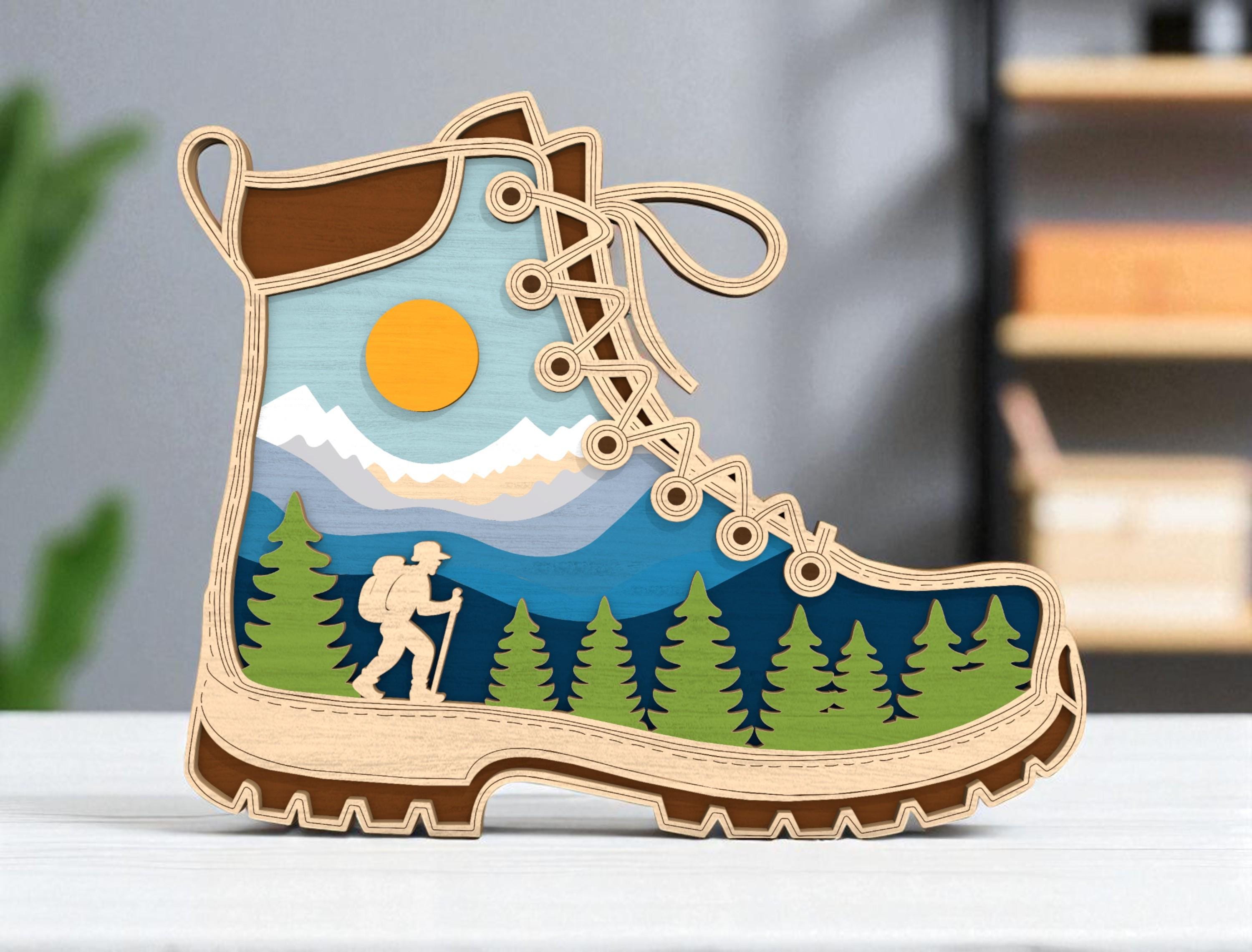 Hiking Boot Sign Decor | 3D Wooden Trail Shoe Sign With Mountain Scene ...