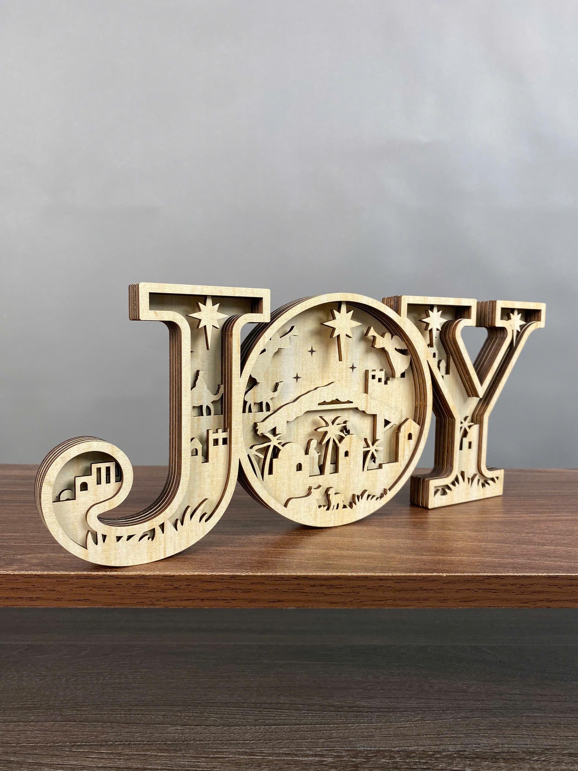 3D Carved Wooden JOY Letter Ornaments, JOY Nativity Christmas Sign ...