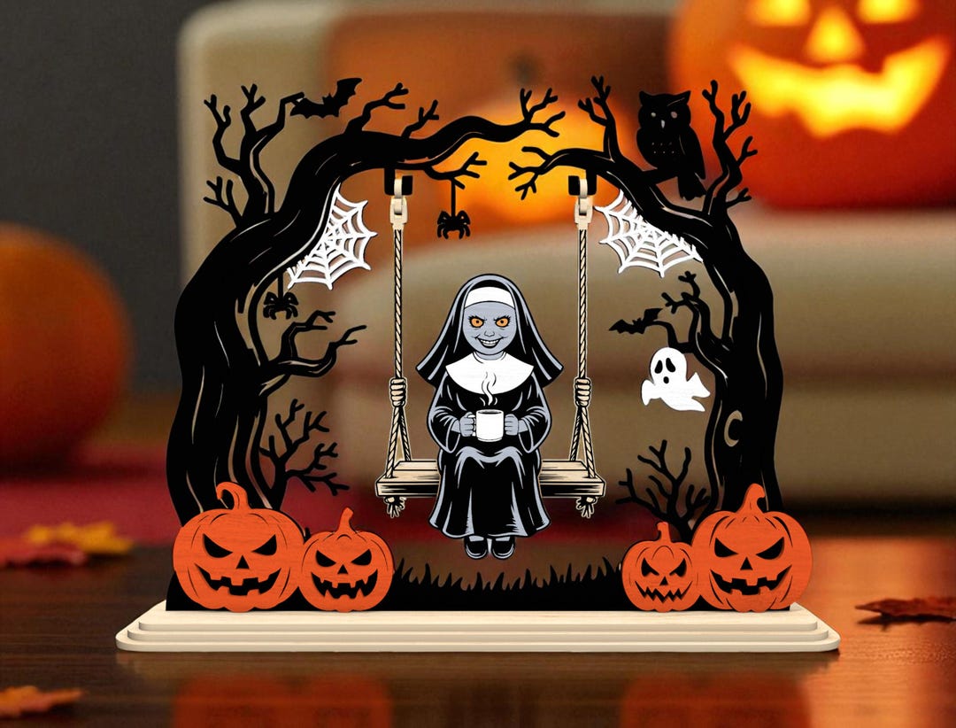 Halloween Nun on Swing | Spooky Standing Sign With Pumpkins | Wooden 3D ...