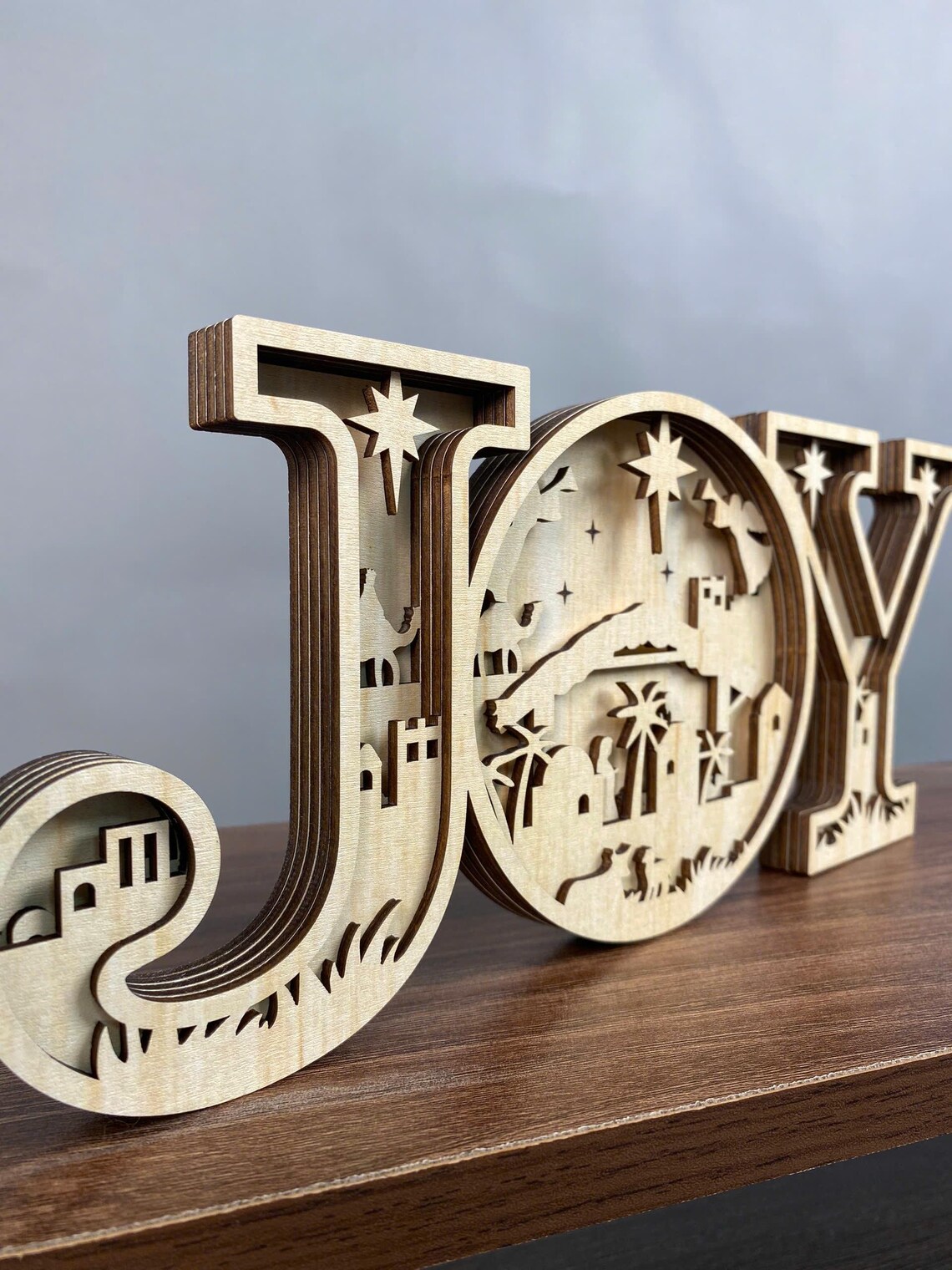 3D Carved Wooden JOY Letter Ornaments, JOY Nativity Christmas Sign ...