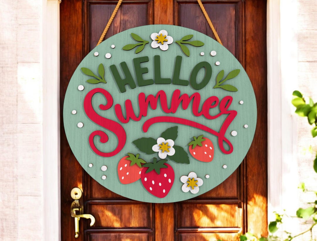 Hello Summer Round Strawberry Sign – MDF Wood Wall Decor | Colorful ...