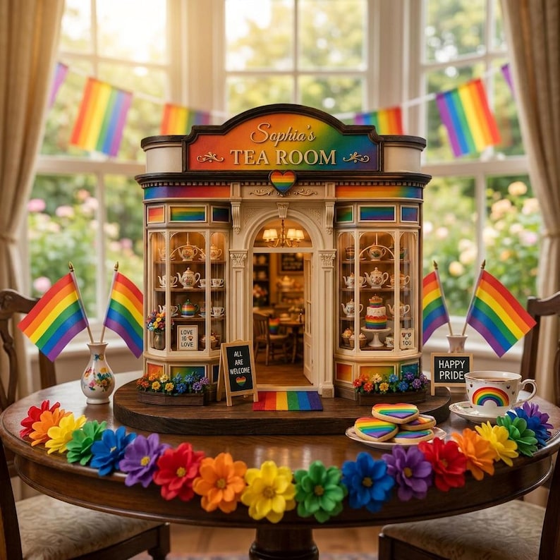 2D Flat, Personalized Rainbow Tea Room Decor, LGBTQ Cafe Shelf Display ...