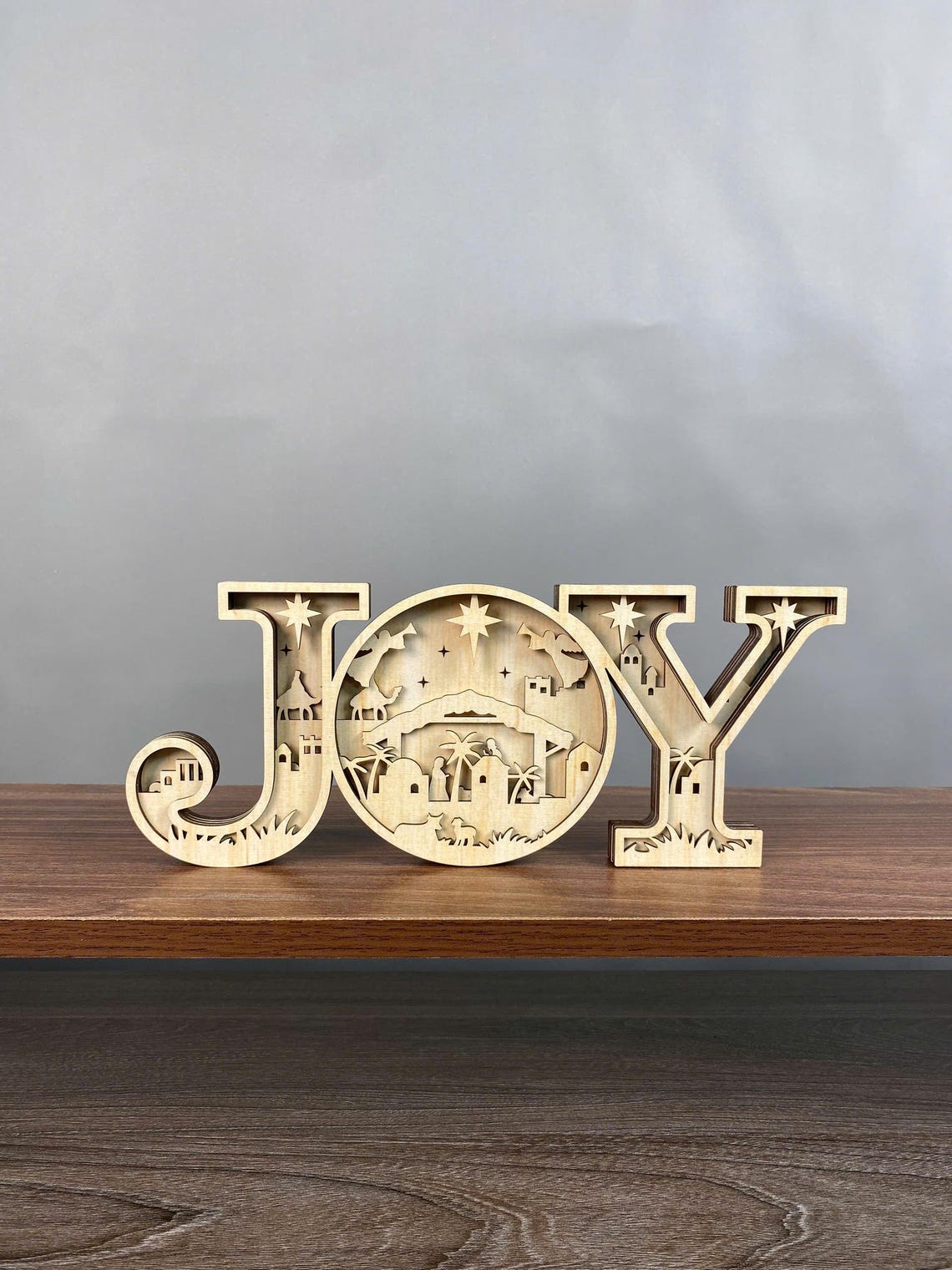 3D Carved Wooden JOY Letter Ornaments, JOY Nativity Christmas Sign ...
