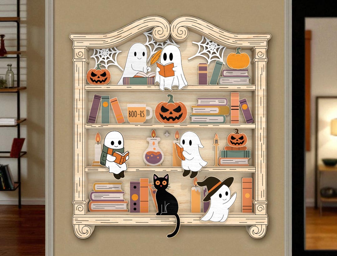 Halloween Wooden Bookshelf | Ghost Reading Shelf Decor With Pumpkins ...