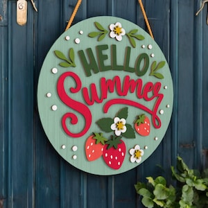 Hello Summer Round Strawberry Sign – MDF Wood Wall Decor | Colorful ...