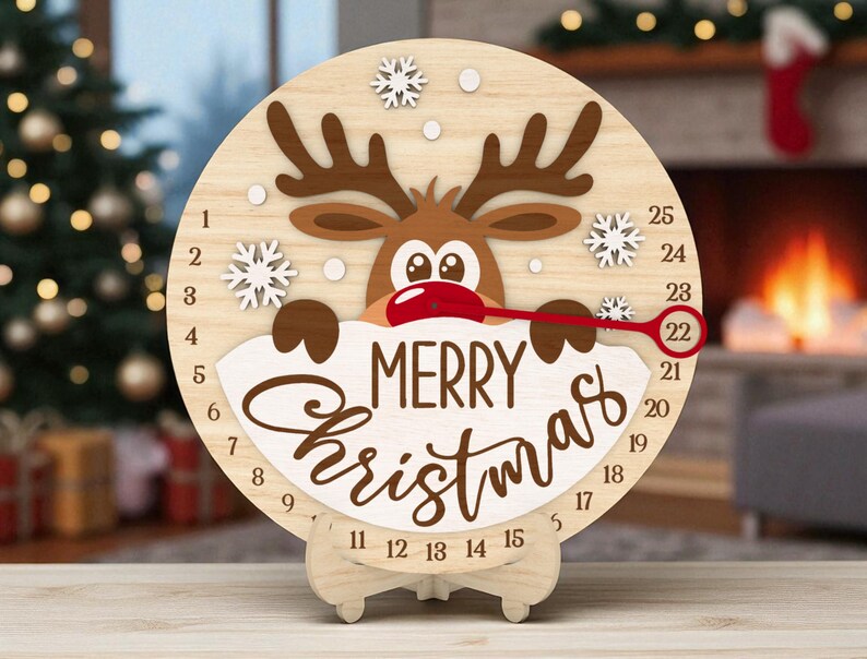 Christmas Countdown Sign | Cute Reindeer With Red Nose and Snowflakes ...