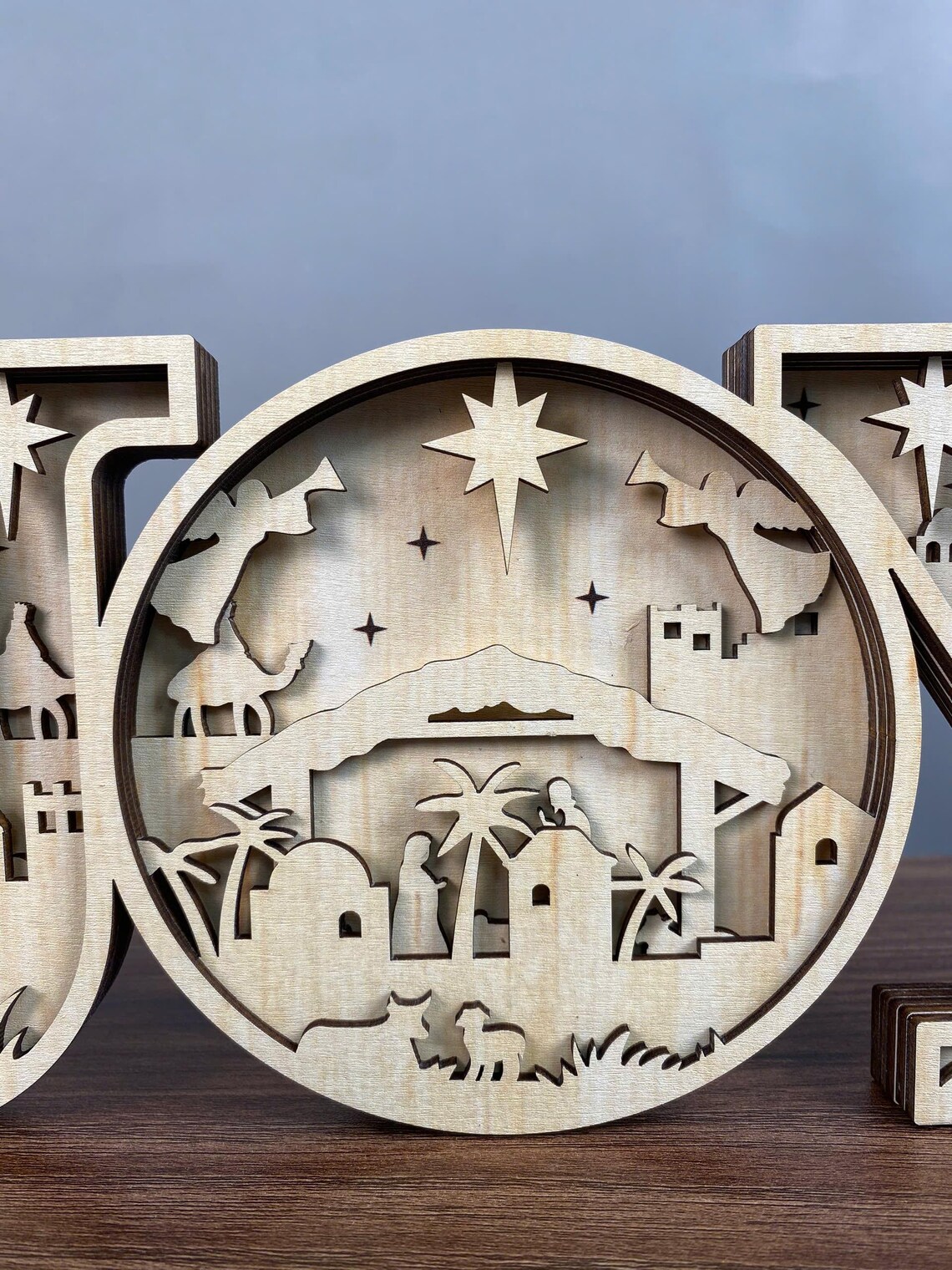 3D Carved Wooden JOY Letter Ornaments, JOY Nativity Christmas Sign ...