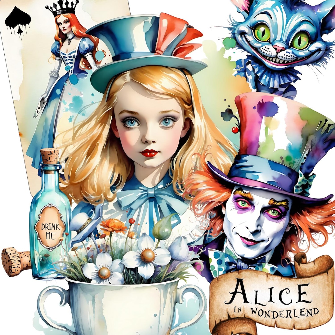 Alice in Wonderland Clipart, Cheshire Cat, Mad Hatter Tea Party, White ...
