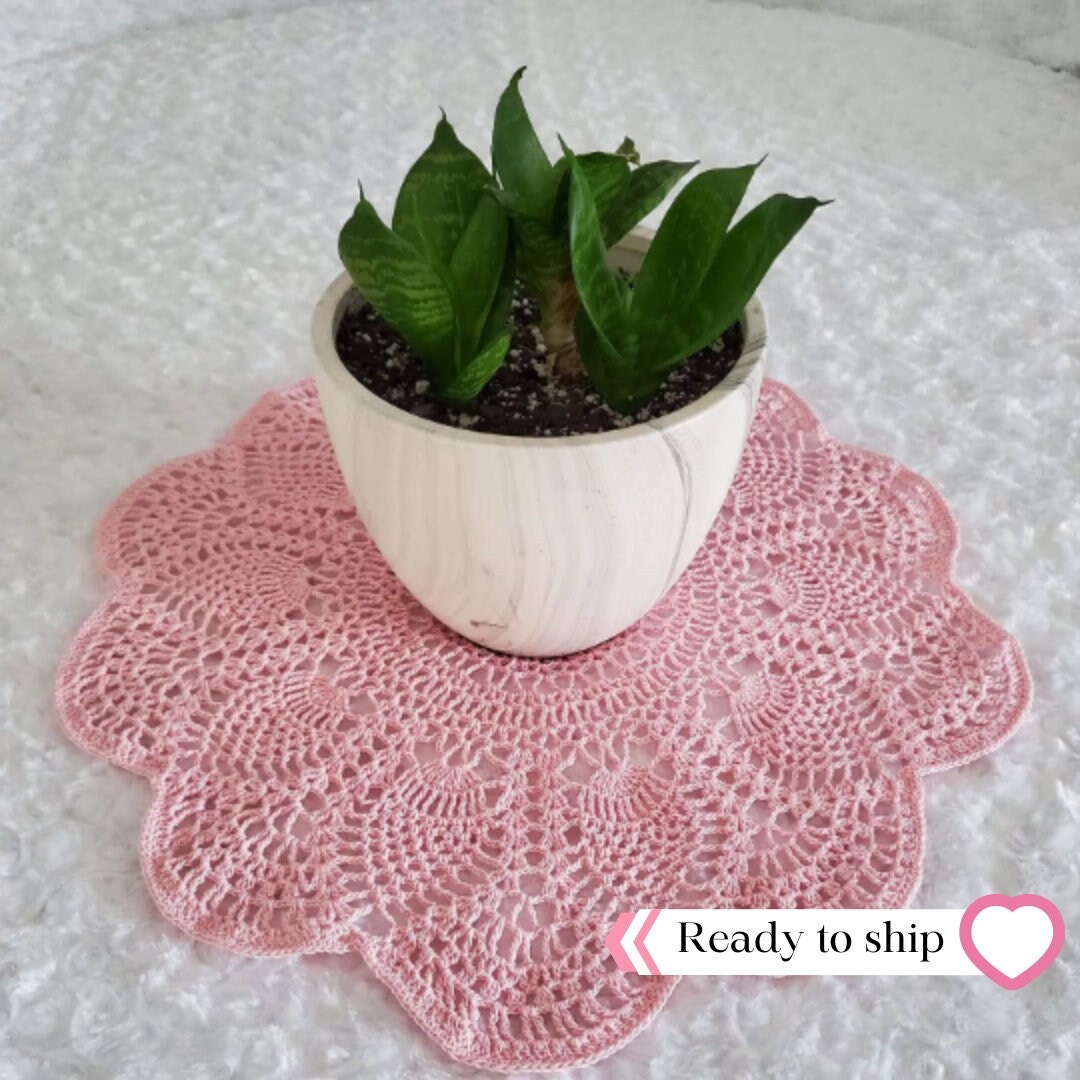 Pink Doily, Large Pink Doily, Large Pineapple Doily, Pink Crocheted ...