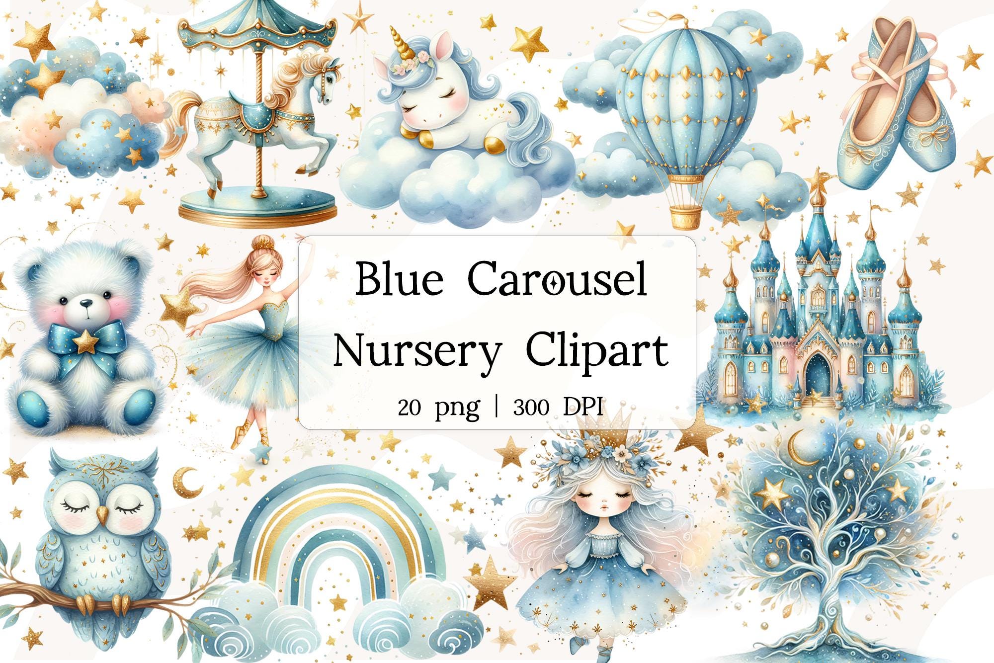 Watercolor Blue Carousel Clipart, Whimsical Ballerina Carousel Magical ...