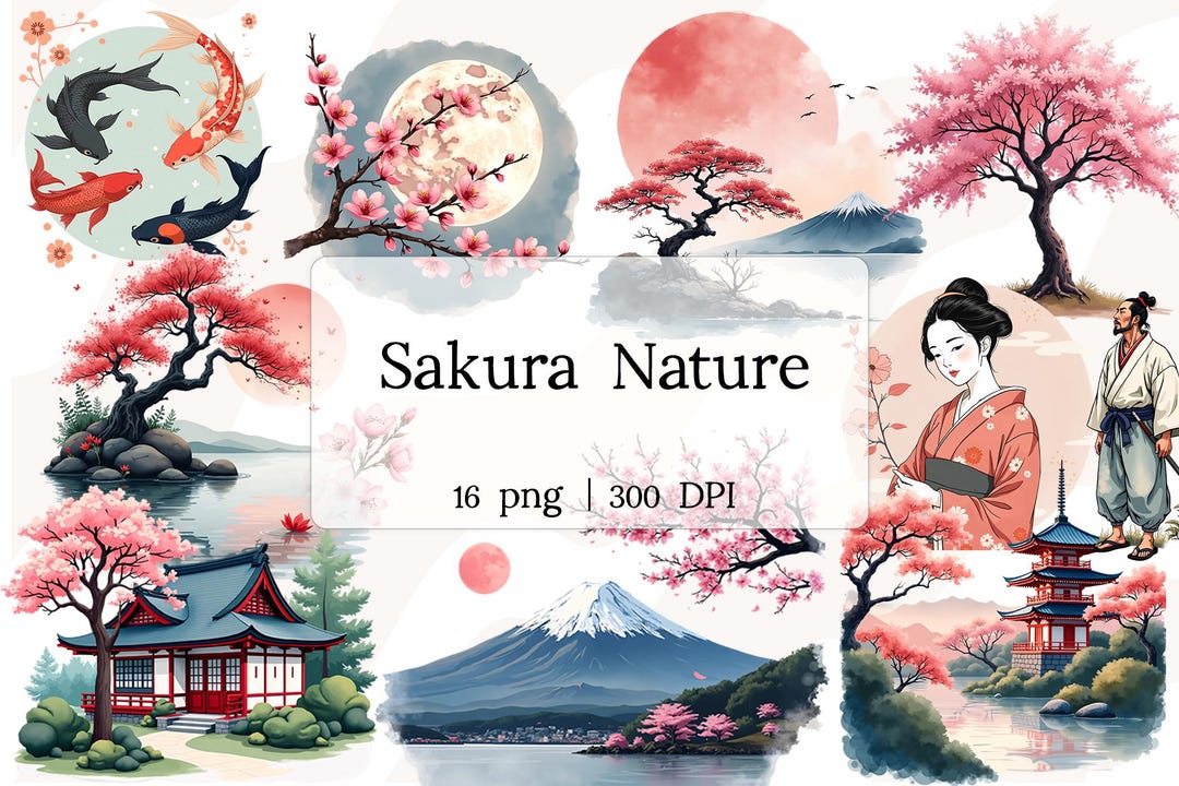 Sakura Nature Clipart Set, Cherry Blossom Tree Png Bundle, Japan Sublimation Design Bundle ...