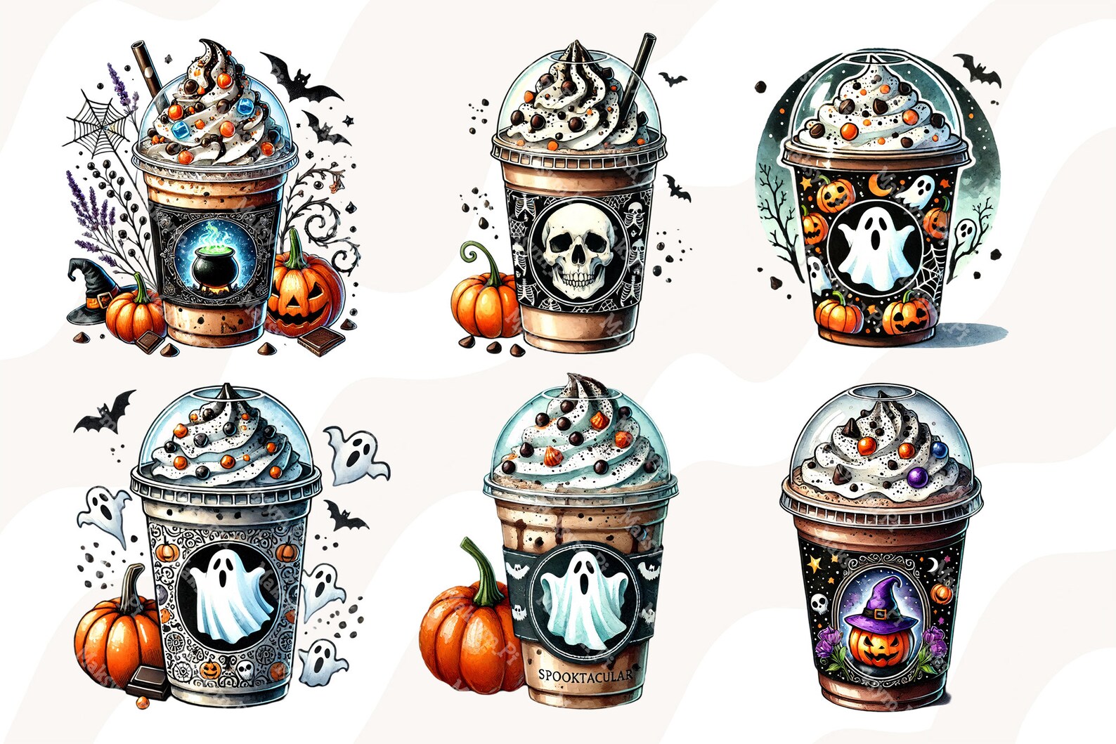 Halloween Coffee Clipart Set, Scary Gothic Watercolor Hot Coffee Drink ...