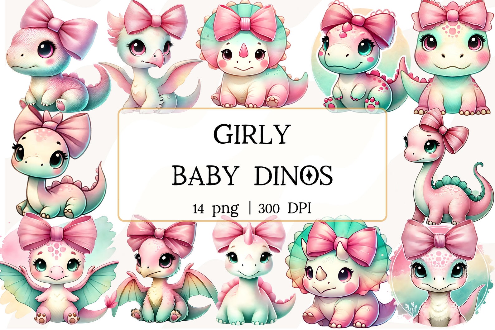 Girly Dinosaurs Watercolor Clipart Set Dino Clip Art Bundle of ...