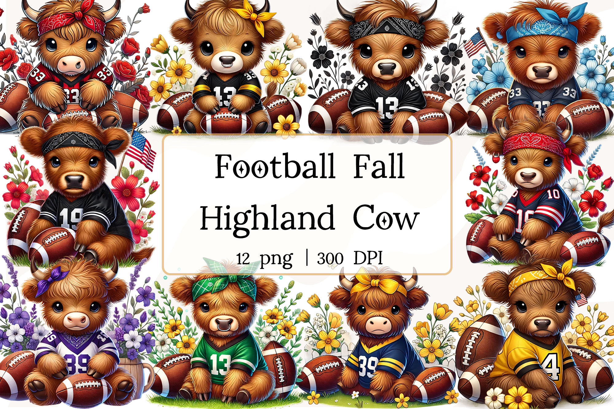 Fall Highland Cow Football Clipart PNG, Sublimation Design, Digital ...