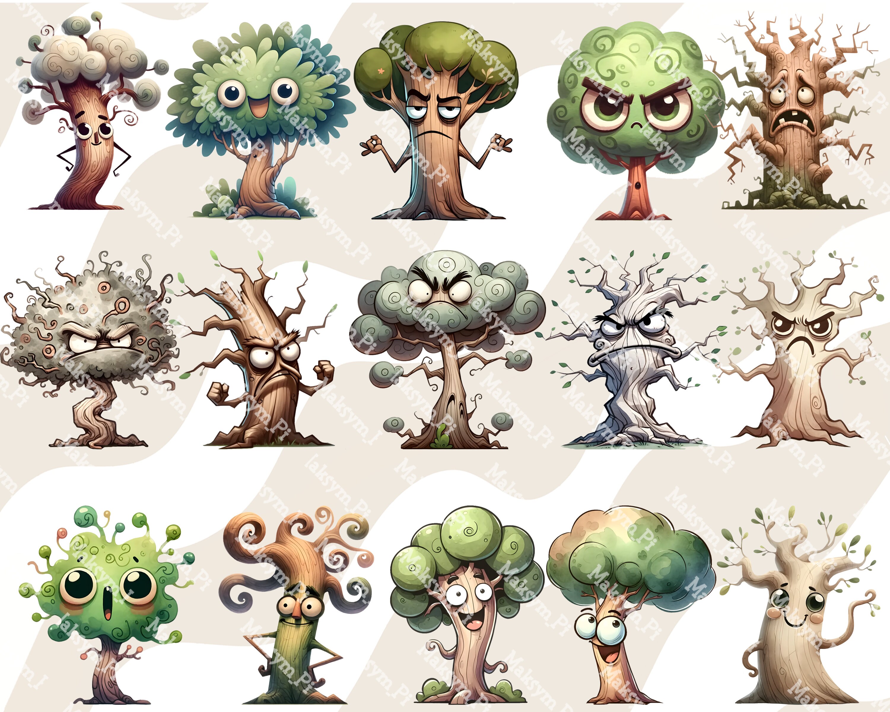 Quirky Whimsical Funny Trees Watercolor Clipart Set, Sublimation Design ...