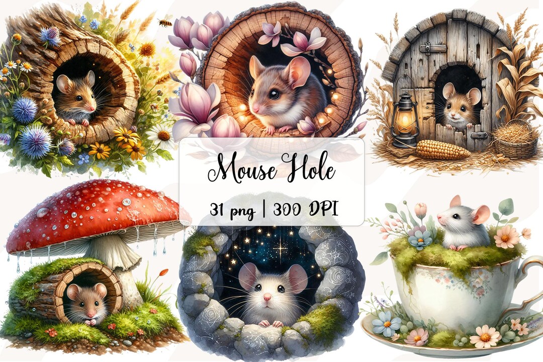 Mouse Hole Clipart Set, Nature Mice in Holes Watercolor, Cottagecore ...