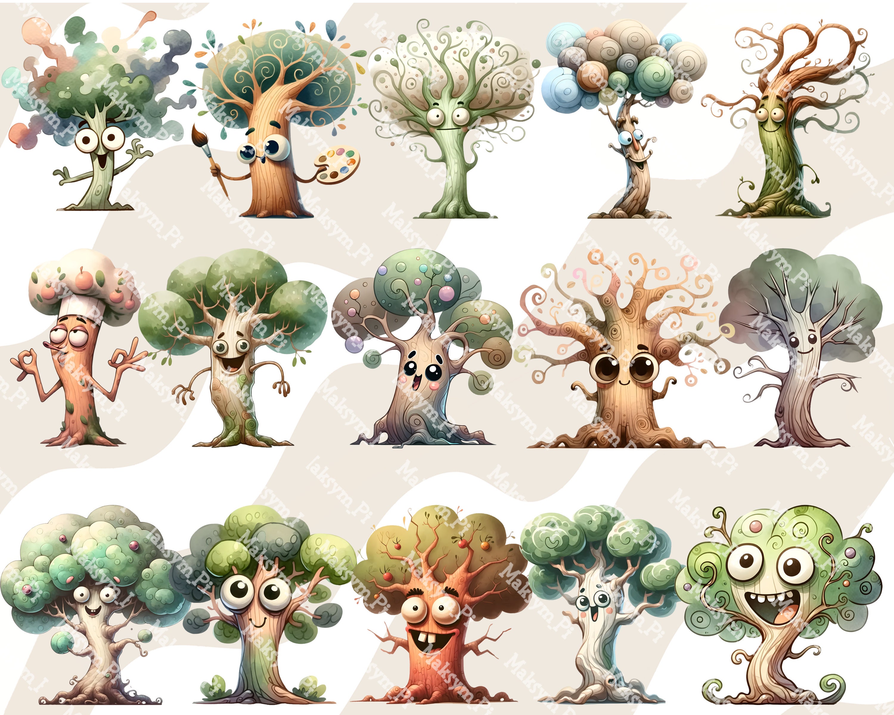 Quirky Whimsical Funny Trees Watercolor Clipart Set, Sublimation Design ...