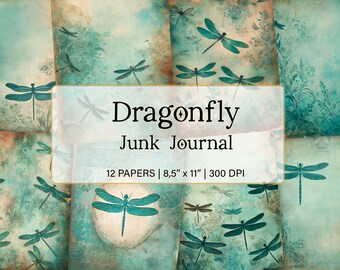 Dragonfly Junk Journal Kit, Pastel Pink, Ephemera Folio Template, Shabby Chic Digi Kit, Vintage ...