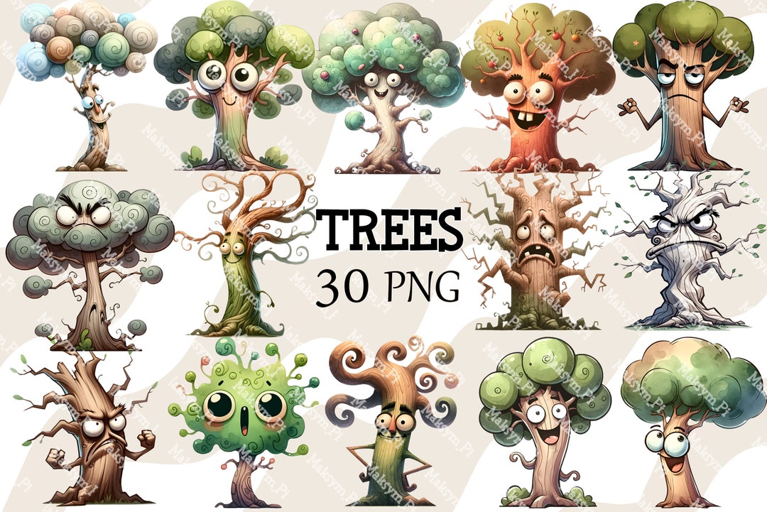 Quirky Whimsical Funny Trees Watercolor Clipart Set, Sublimation Design ...