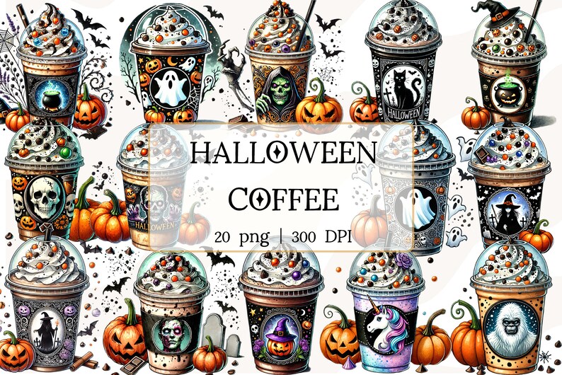Halloween Coffee Clipart Set, Scary Gothic Watercolor Hot Coffee Drink ...