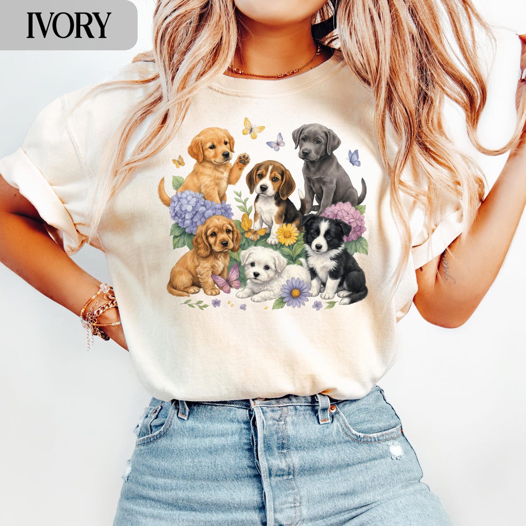 Cute Puppies T-shirts, Vintage 90s Dog Lover, Floral T-shirts, Comfort ...