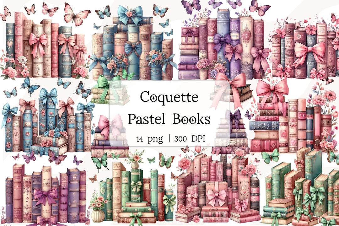 Coquette Pastel Watercolor Books Clipart, Reading Lover PNG, Reading ...