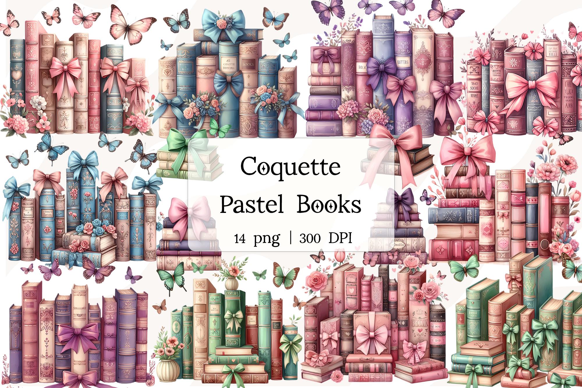Coquette Pastel Watercolor Books Clipart, Reading Lover PNG, Reading ...
