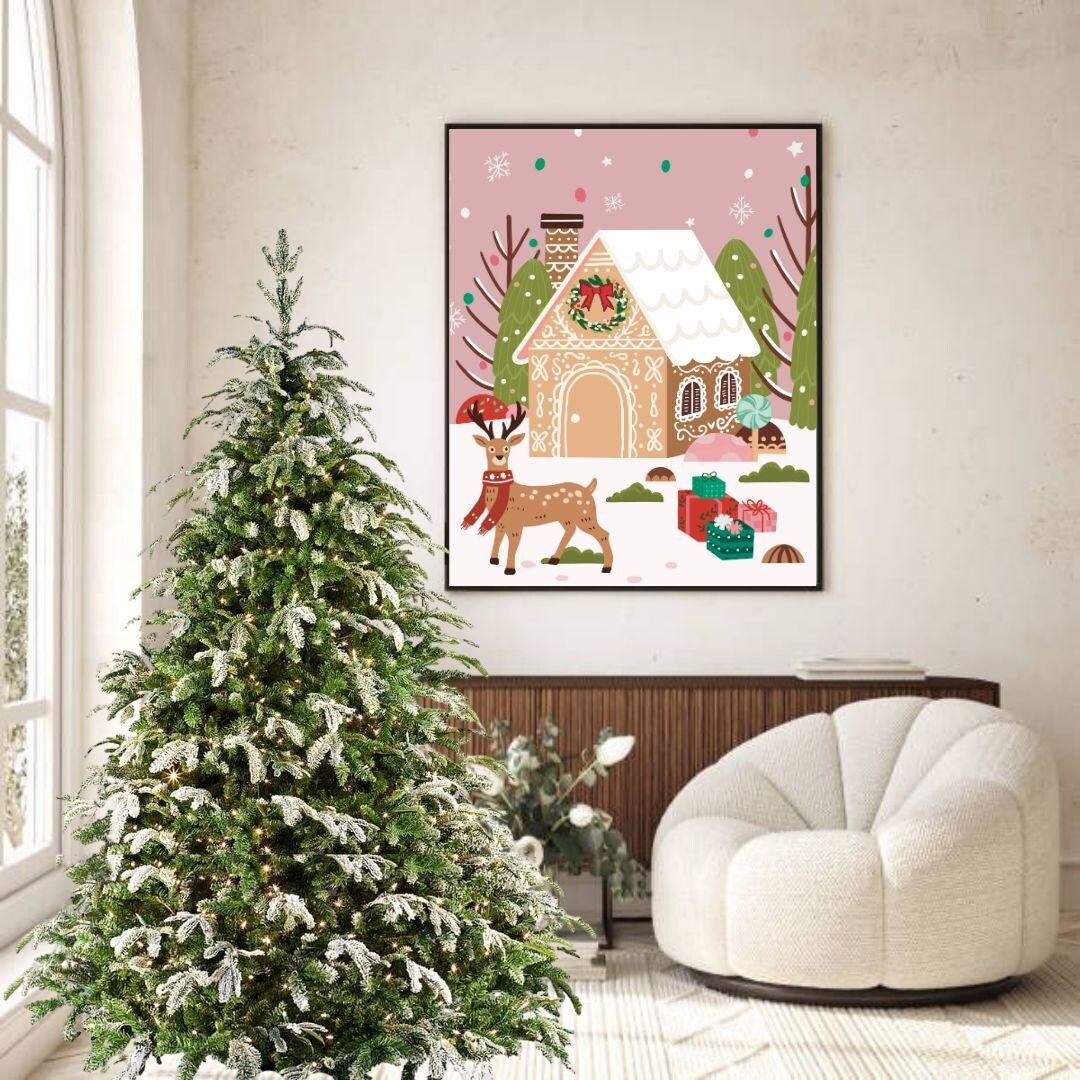 Whimsical Gingerbread House Reindeer Christmas Art / Charming ...