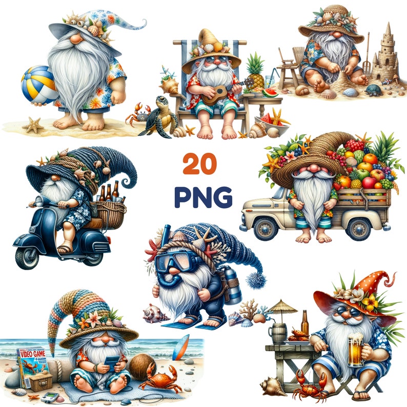 Gnome Summer Beach Clipart Bundle, 20 PNG, Summerflowers Png ...