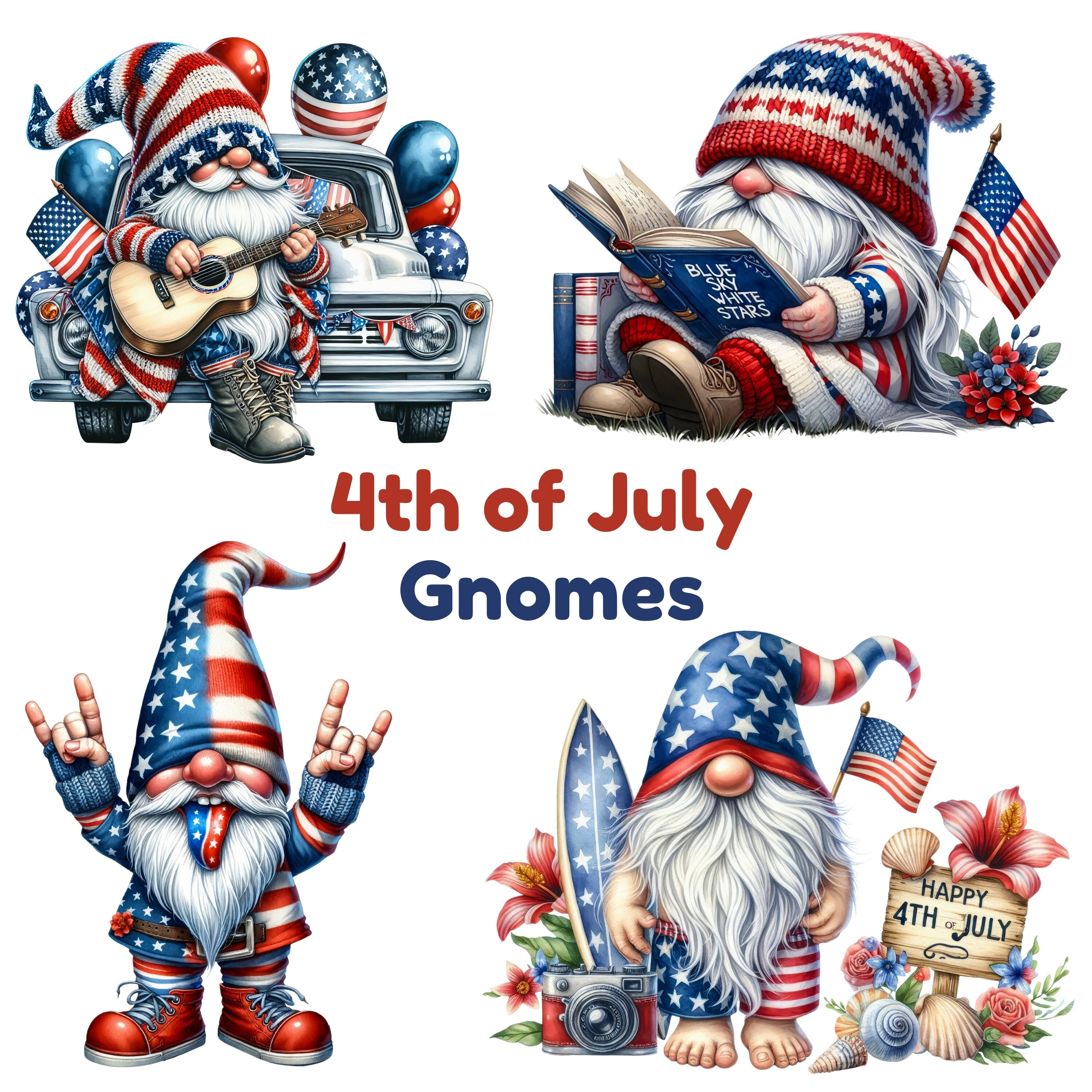Gnome 4th of July Clipart Bundle, 20 PNG, Independenceday Gift, Retro ...