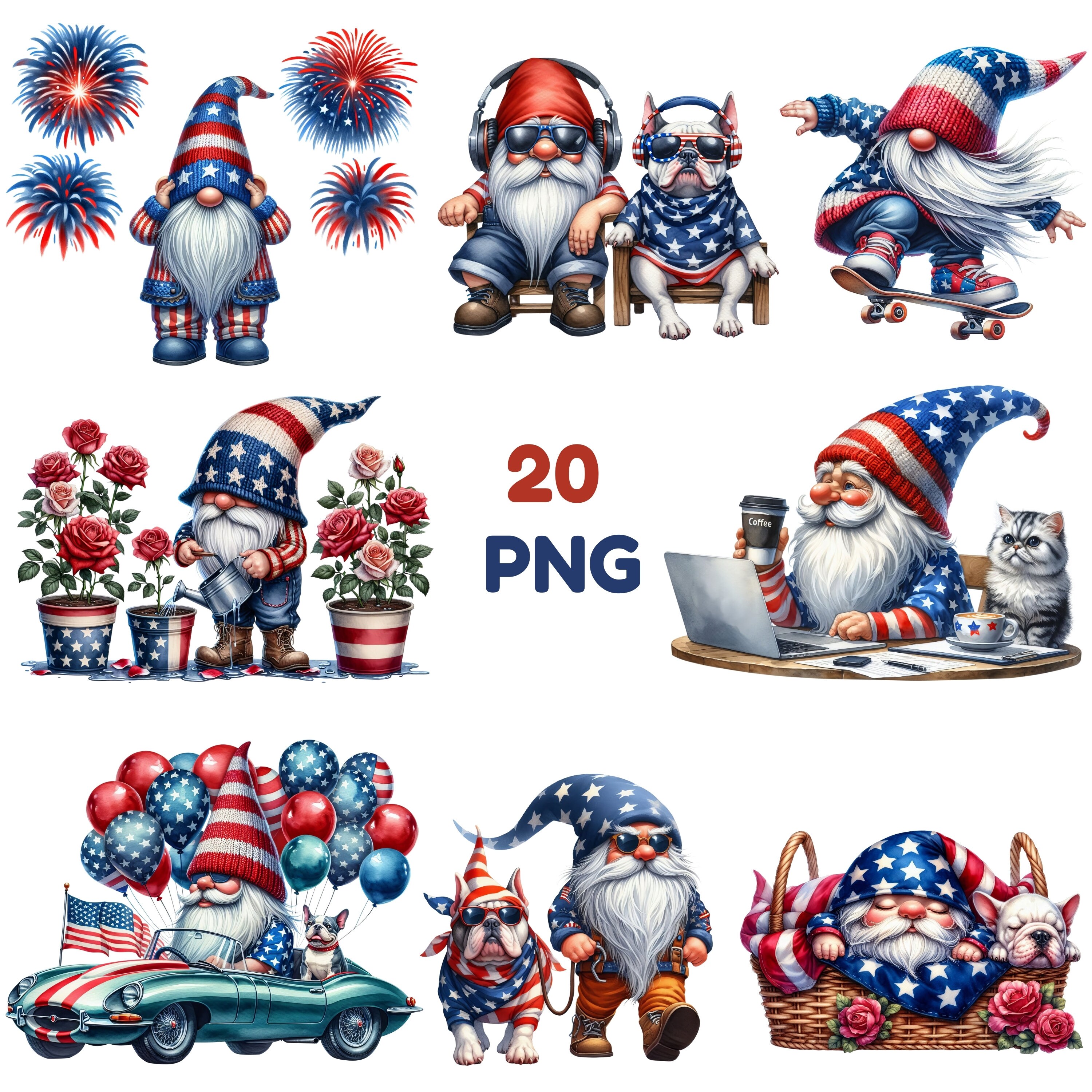Gnome 4th of July Clipart Bundle, 20 PNG, Independenceday Gift, Retro ...