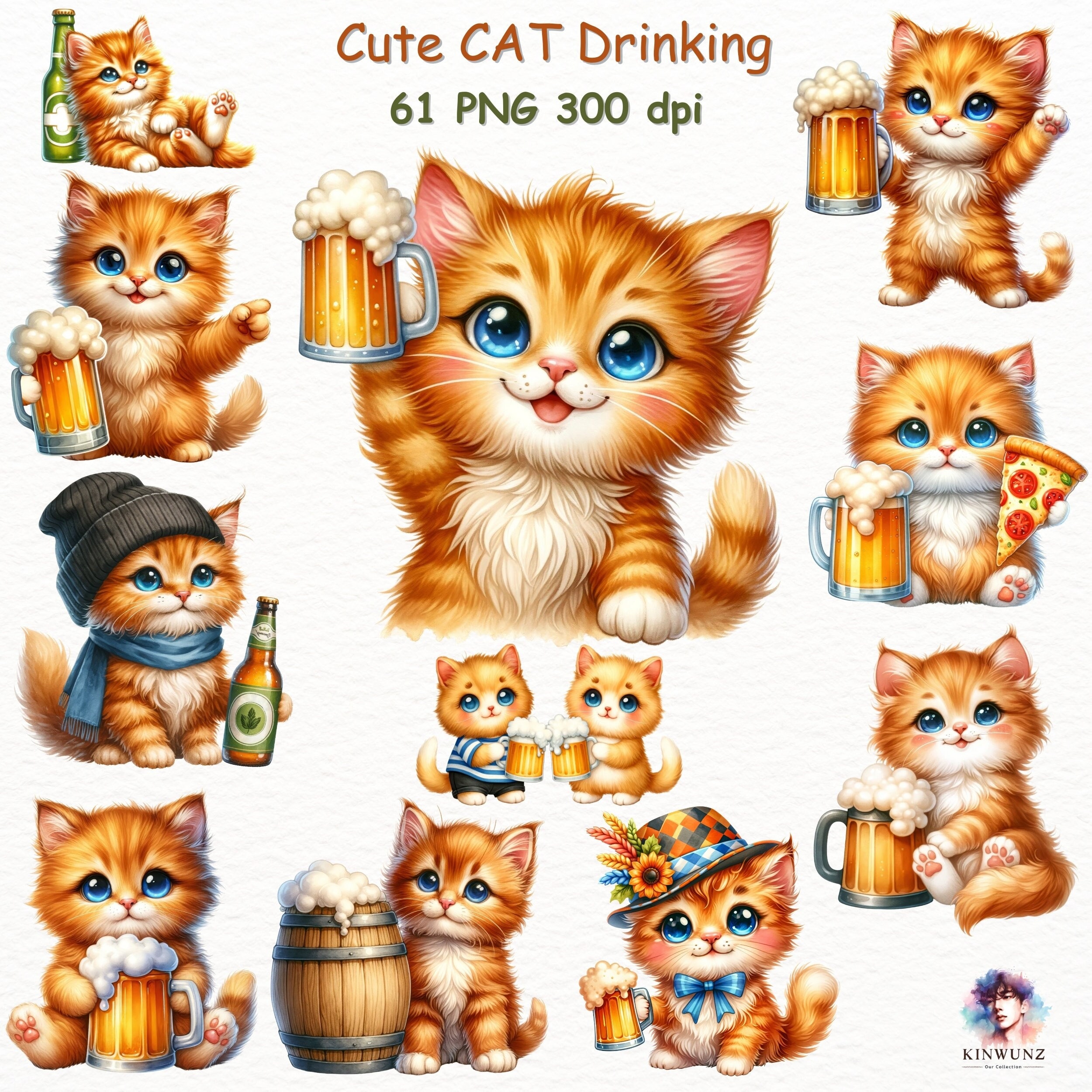 Watercolor Cute Cat Drink Beer Clip Art, Clipart Pack, Celebrating Cat ...