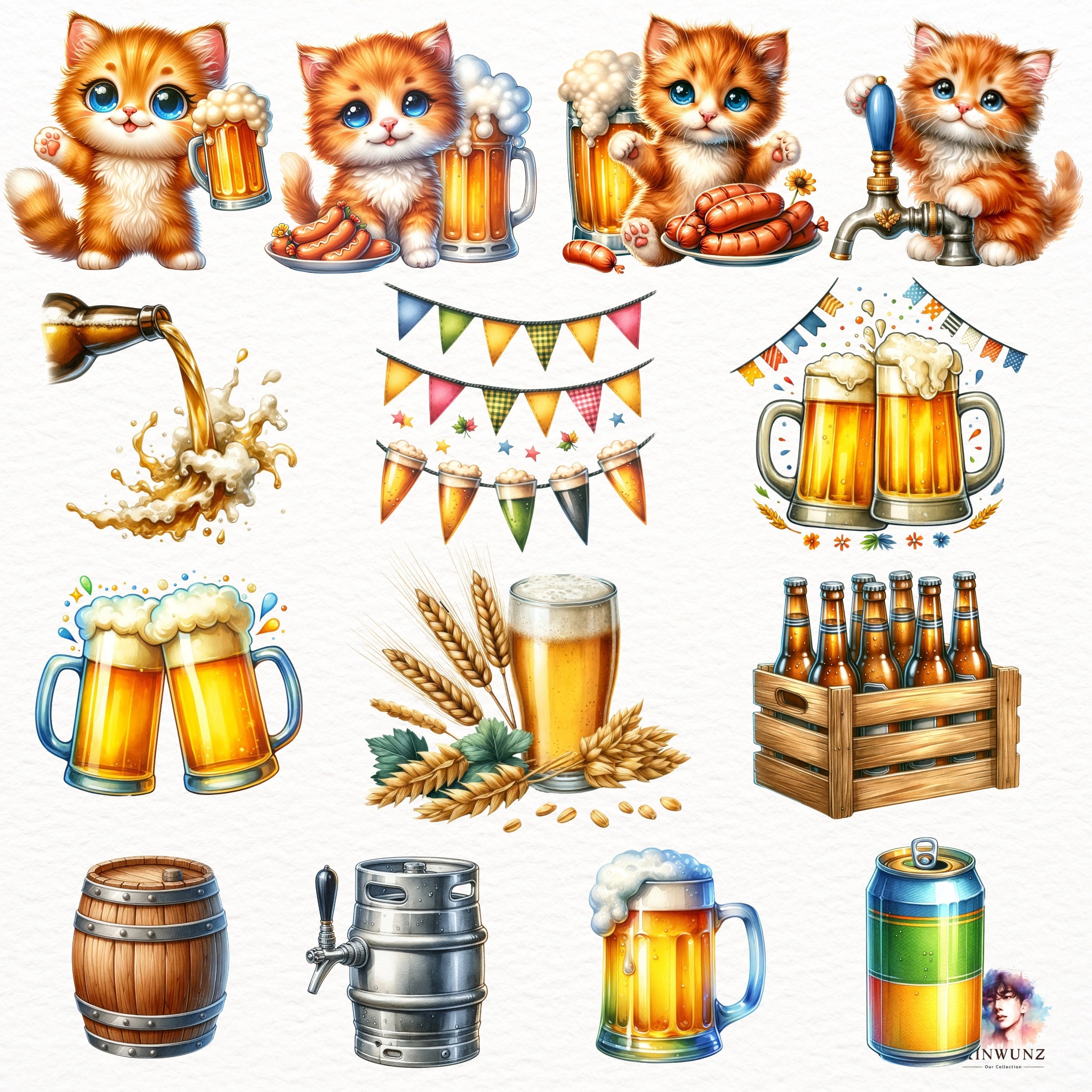 Watercolor Cute Cat Drink Beer Clip Art, Clipart Pack, Celebrating Cat ...