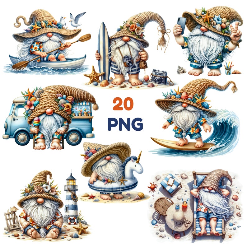 Gnome Summer Beach Clipart Bundle, 20 PNG, Summerflowers Png ...