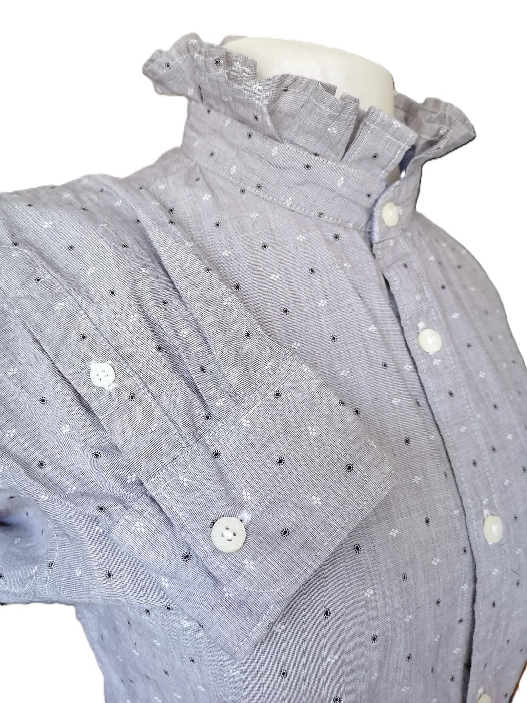 Ruffle Collar Blouse White Blue Print Top Navy Blue Print Button Down ...