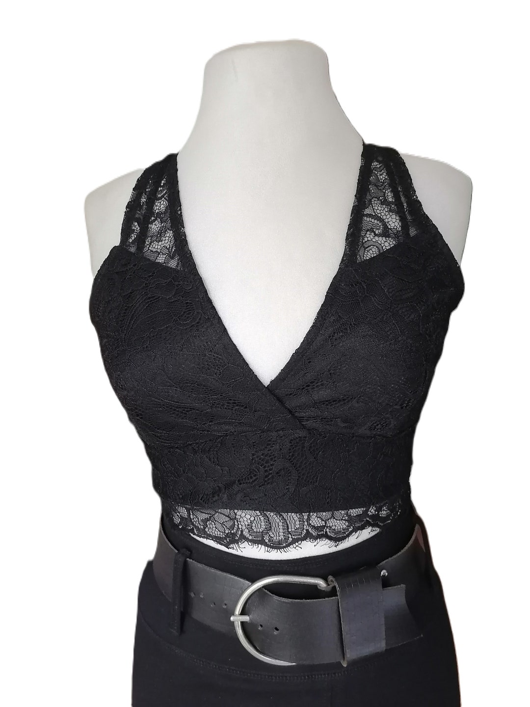 Vintage Black Lace Crop Top , Zipper Back Top , Sleeveless Femminie ...