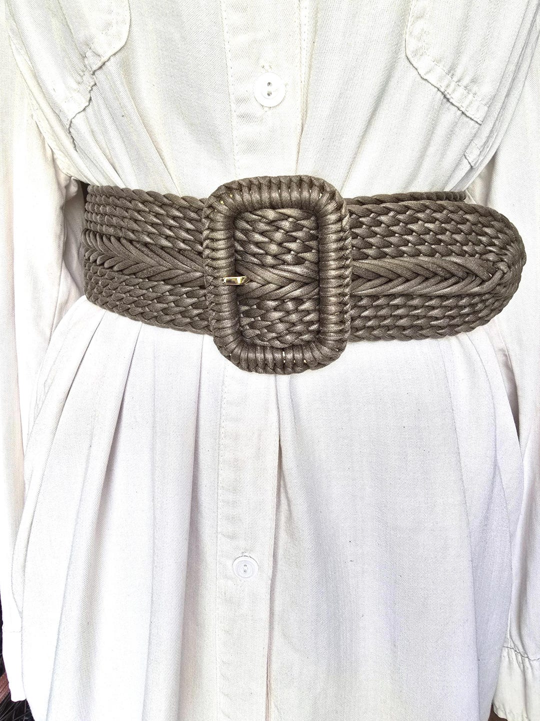 Vintage Braided Boho Belt ,khaki Woven Belt With Engraved Round Buckle ...