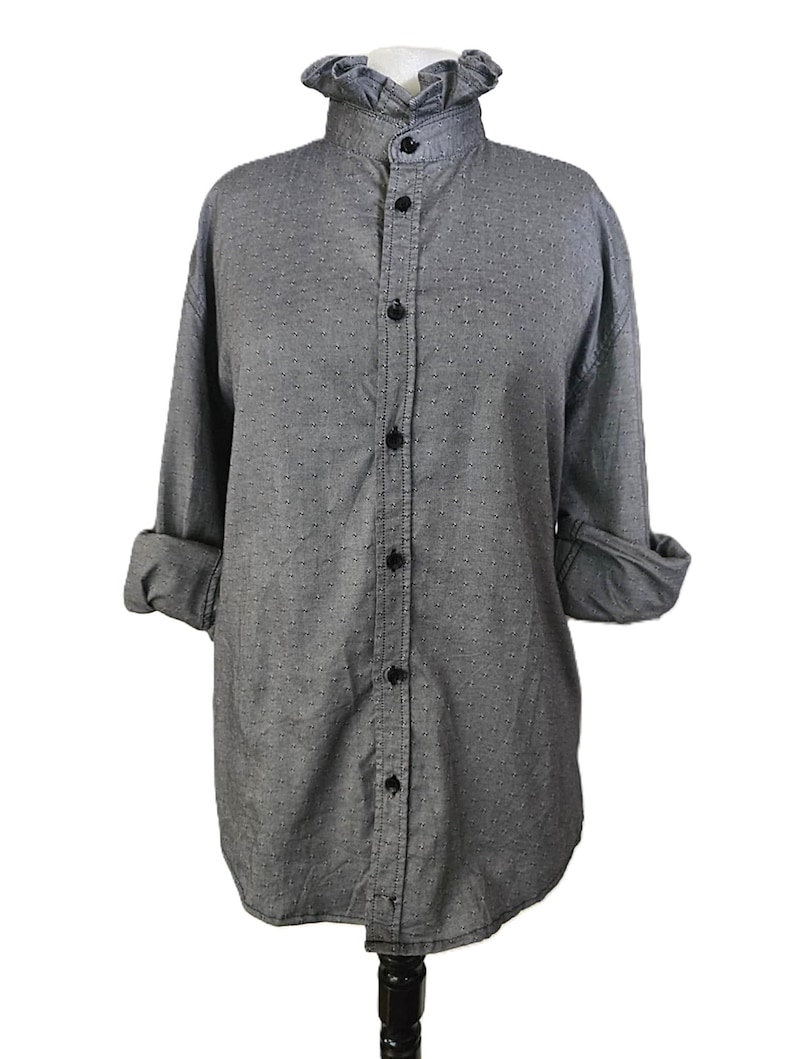 Vintage Ruffle Collar Blouse, Teal Elegant Office Blouse, Gray Stripe ...