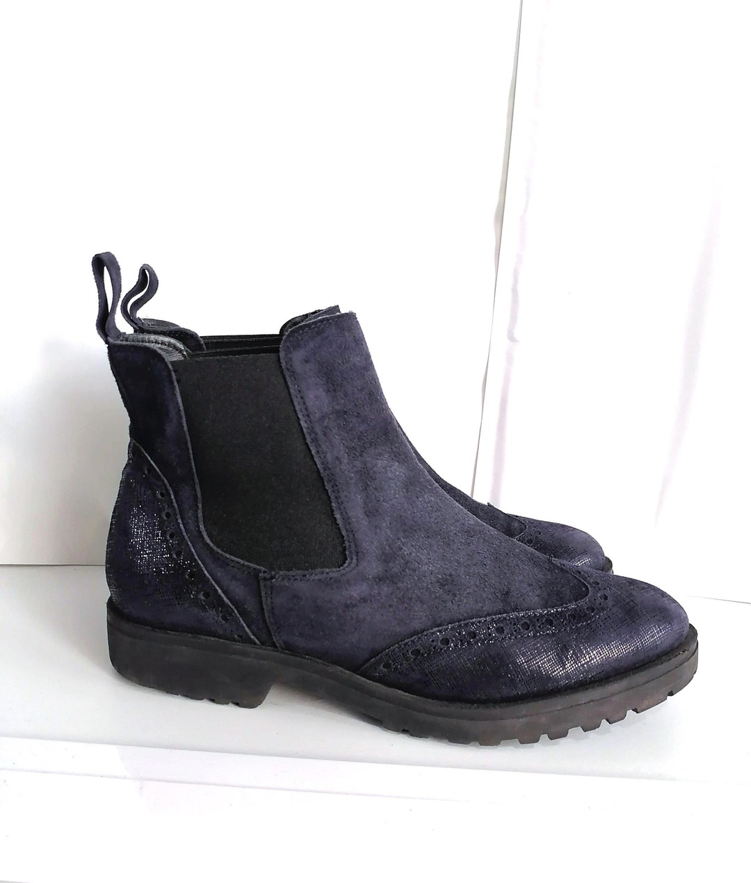 Vintage Navy Blue Chelsea Boots, Suede Leather Ankle Booties Size 35 EU ...
