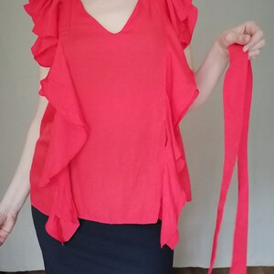 Vintage Red Blouse With Ruffles ,elegant Sleeveless Top With Belt ...