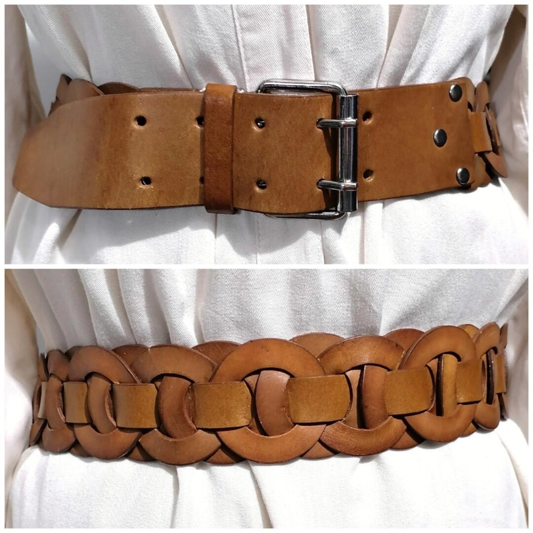 Vintage Wide Braided Belt, Leather Waist Belt With Double Plugs Buckle ...