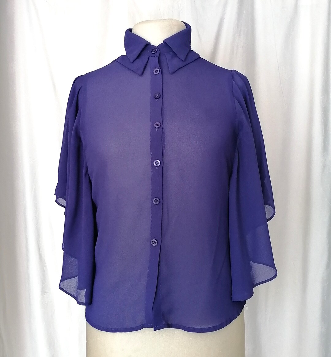 Vintage Purple See Through Blouse With Ruffles Short Sleeves , Botton ...