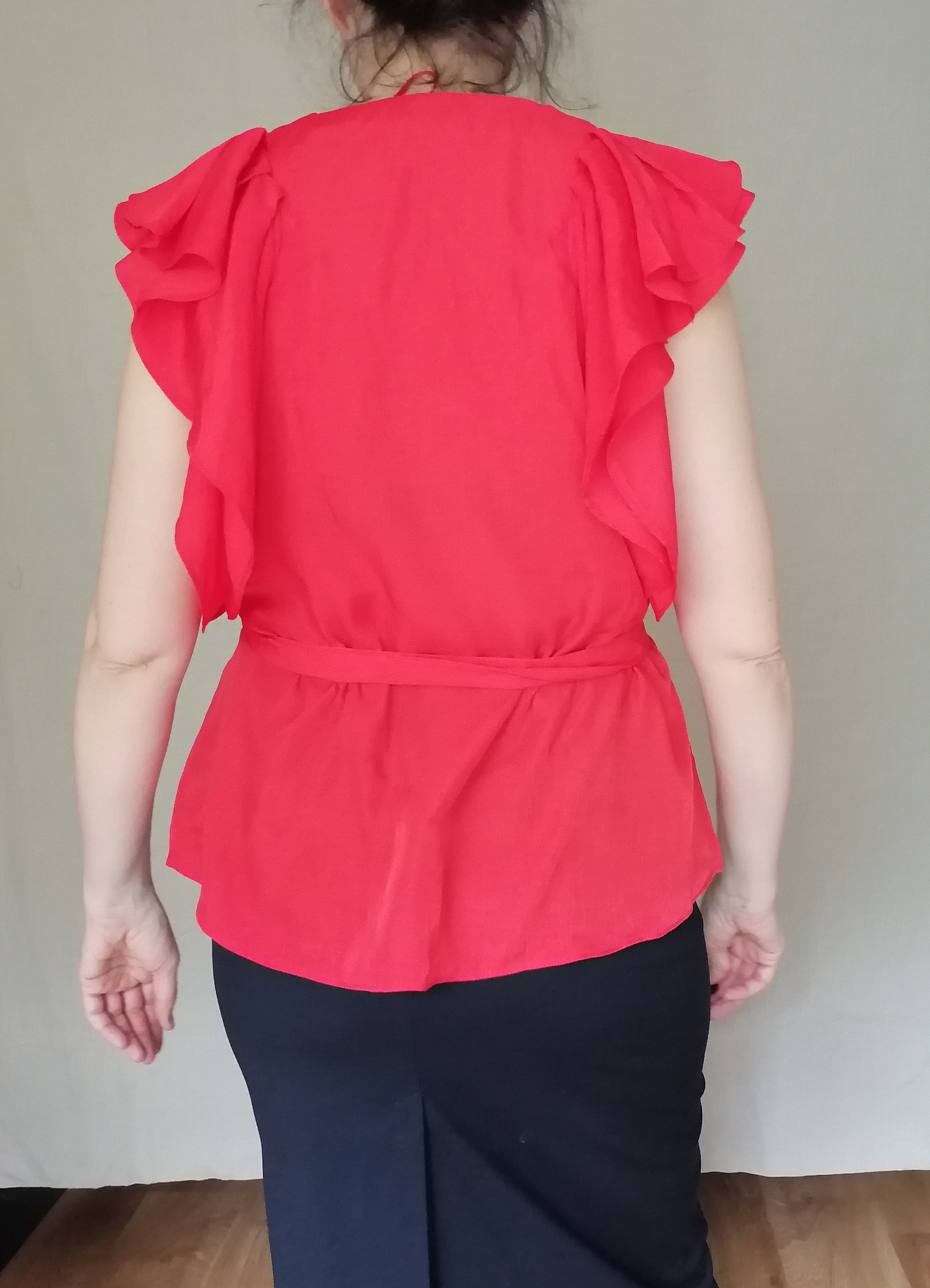 Vintage Red Blouse With Ruffles ,elegant Sleeveless Top With Belt ...