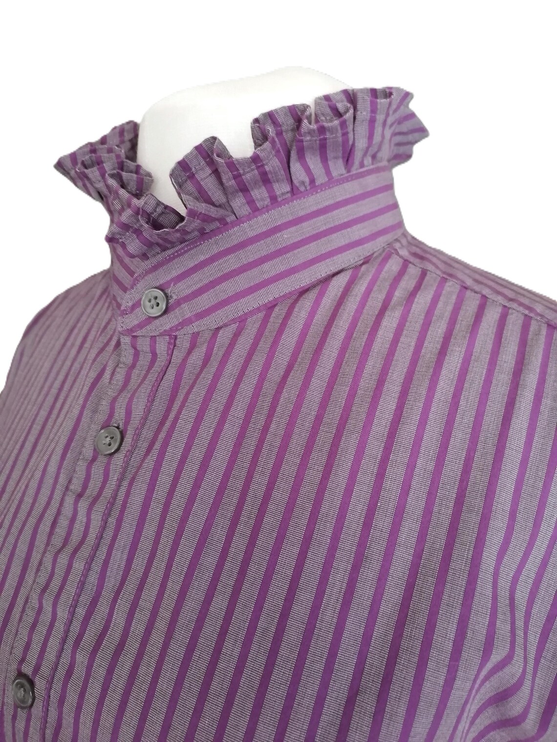 Vintage Ruffle Collar Blouse, Gray/purple Striped Button Down Blouse ...