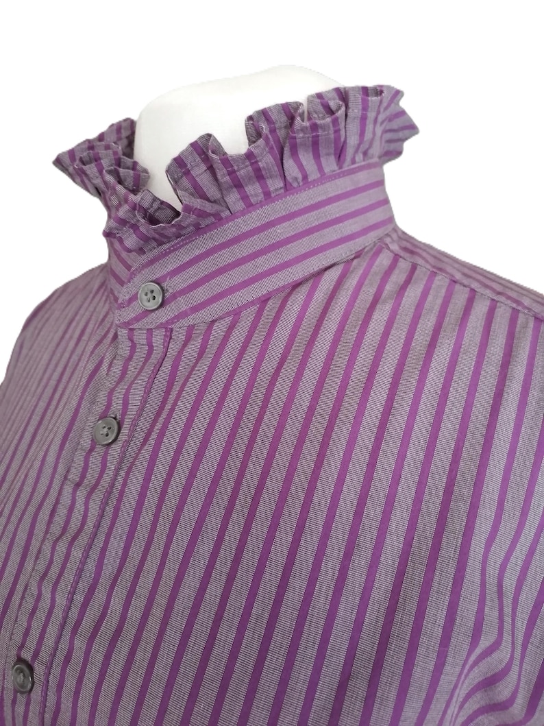 Vintage Ruffle Collar Blouse, Gray/purple Striped Button Down Blouse ...
